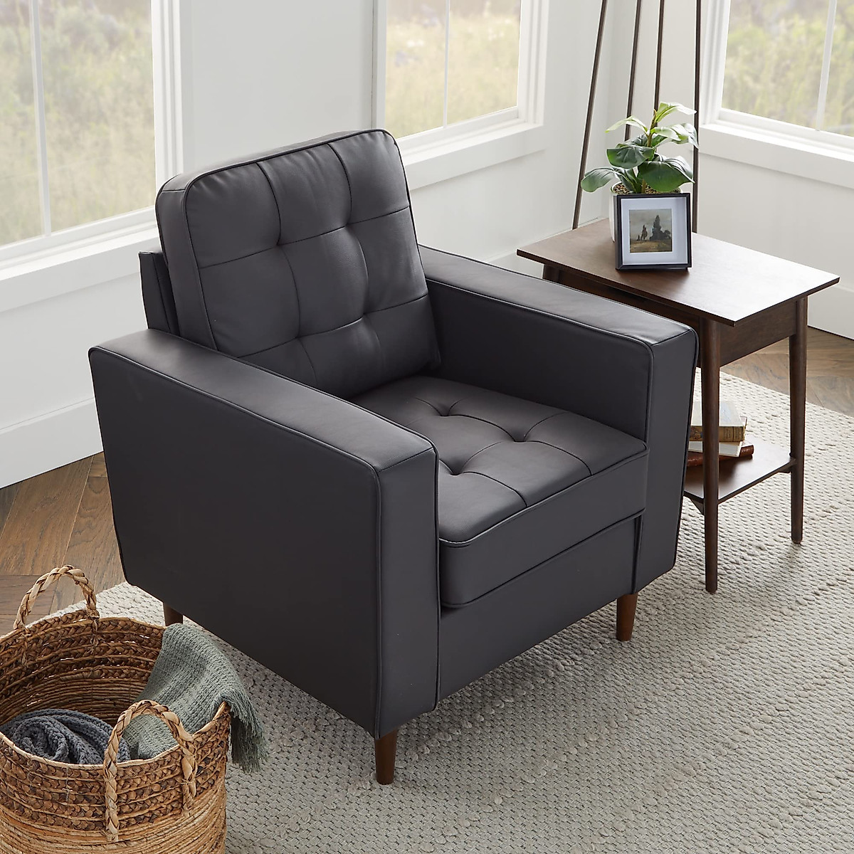 Edenbrook Lynnwood Upholstered Accent Chair - Living Room Furniture - Office - Bedroom - Mid-Century Modern Design - Armchair - Buttonless Tufting - Simple Assembly - Solid Frame - Black Faux Leather