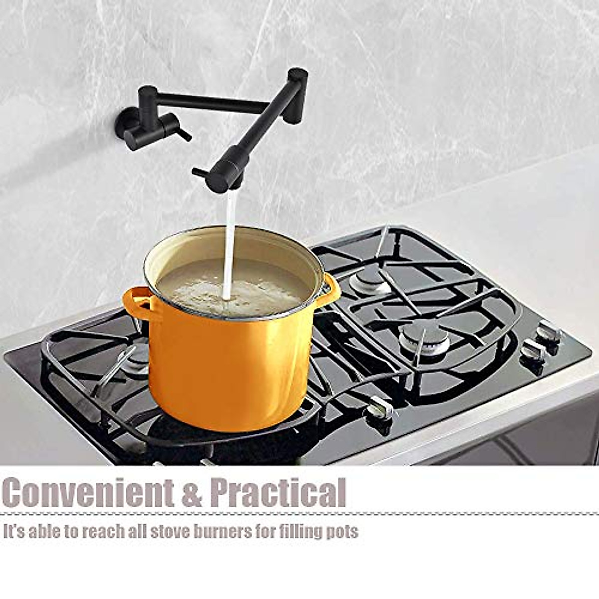 VALISY Lead-Free Solid Brass Single Hole Two Handle Matte Black Wall Mount Pot Filler Faucet，Copper Faucets for Kitchen Sink & Stove Folding Stretchable with 360° Swivel Double Joint Swing Arm