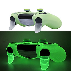 RALAN Controller Skin for PS4 Silicone Cover Glow in Dark Protective Case for PS4/slim/PS4 Pro Dualshock 4 Controller.+ 8 Glow Thumb caps and Back Sticker + L2 R2 Extended caps.