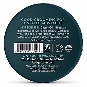 Badger - Mustache Wax, Medium Hold, Natural Mustache Wax, Certified Organic, Styling Facial Hair Wax, Moustache Wax, 0.75 oz