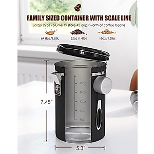 HAIOOU Airtight Coffee Canister, 22OZ Large Stainless Steel Coffee Bean Storage Container with Date Tracker, Measuring Scoop, 6Pcs CO2 Valves and Mini Tongs for Beans, Grounds, Sugar and more - Black
