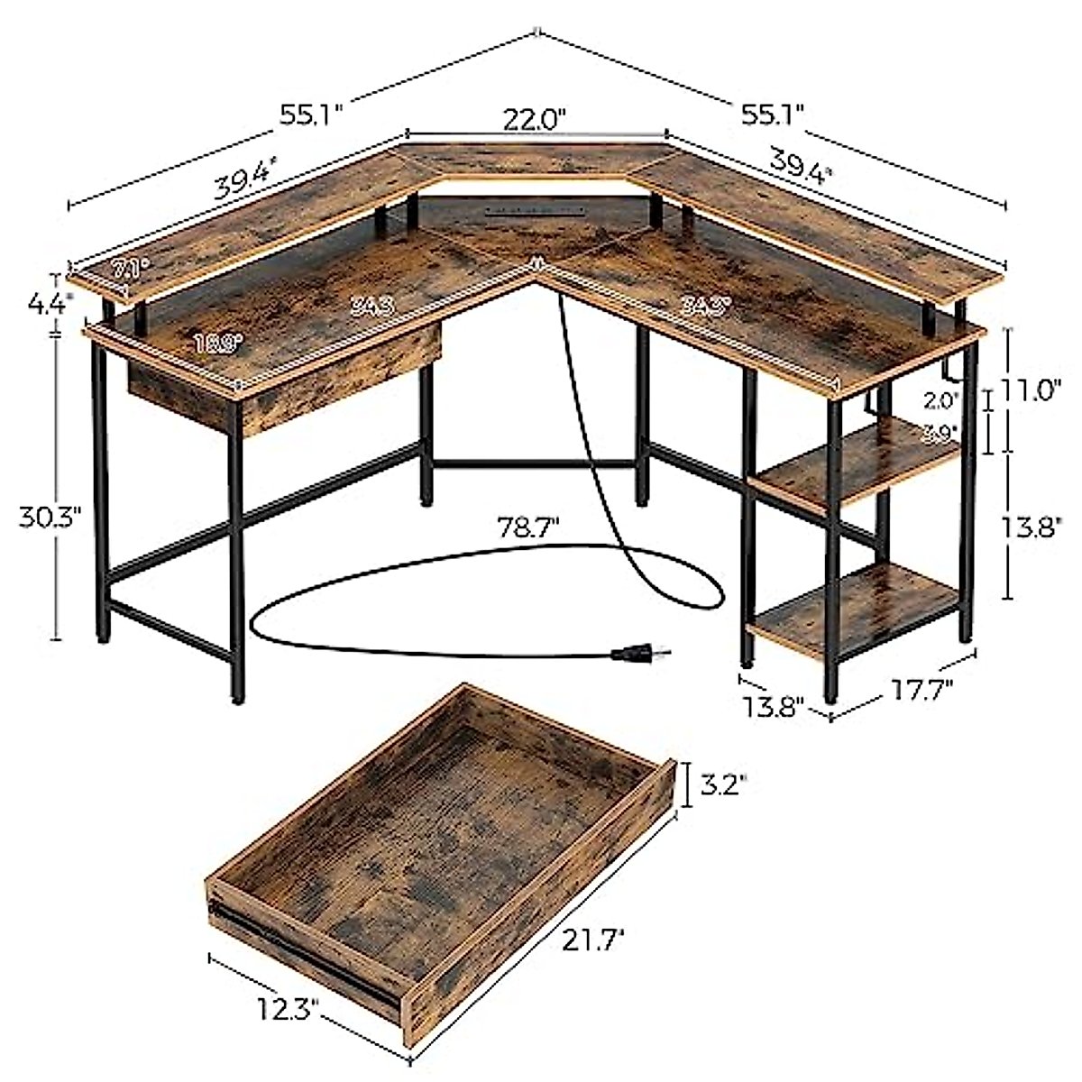 Rolanstar L Shaped Gaming Desk with Drawer, 55.1" Reversible Computer Desk with Power Outlets & LED Lights, Home Office Desk with Monitor Stand & Storage Shelf, Desk with Hooks Rustic Brown