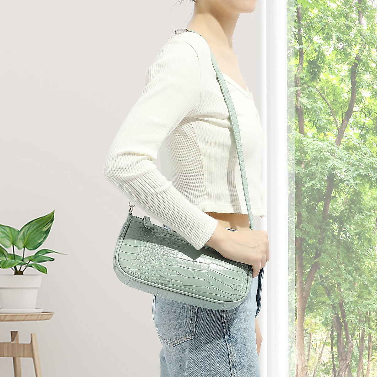 Loiral Shoulder Bags for Women, Retro Classic Tote HandBag Crocodile Pattern Clutch Purse with Zipper Closure, Light Green