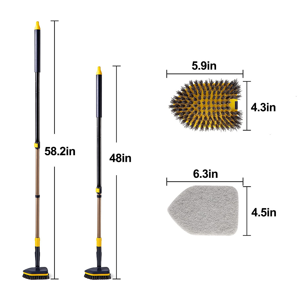 Yocada Tub Tile Scrubber Brush 2 in 1 Cleaning Brush 58.2" Adjustable Telescopic Pole Stiff Bristles Scouring Pads for Cleaning Bathroom Kitchen Toilet Wall Tub Tile Sink Non-Scratch