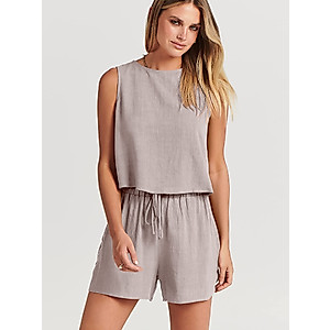 ANRABESS Women 2 Two Piece Outfits Lounge Matching Sets Linen Shorts Boho Aesthetic Clothes Sleeveless Tops 2023 Summer Outfits Vacation Beach 806yinhui-M, Light Grey