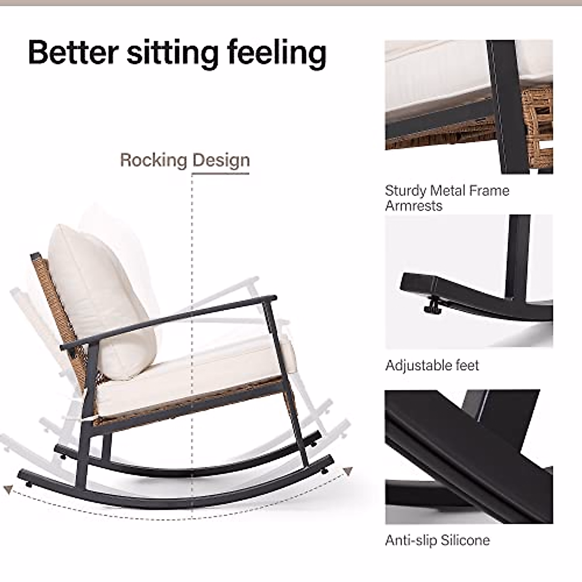 LAUSAINT HOME 3 Pieces Rocking Bistro Set, Outdoor Patio Furniture Set with Thick Cushions and 2-Tier Coffee Table, Oversize Rattan Conversation Sets for Garden, Balcony, Backyard (Beige)