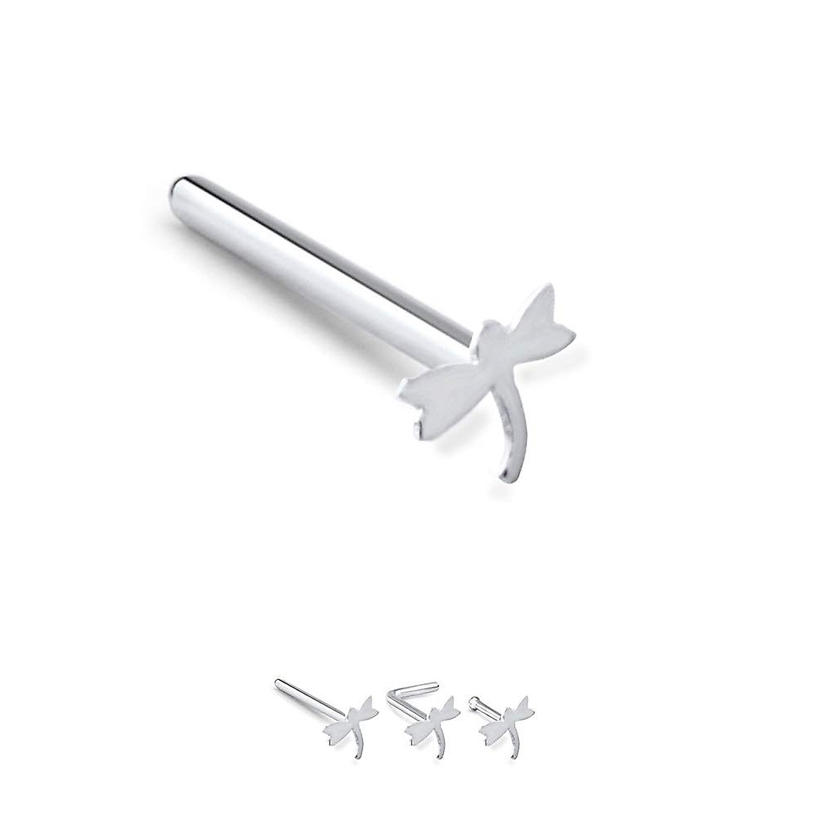 925 Sterling Silver L Bend Nose Stud Ring Dragonfly 22G