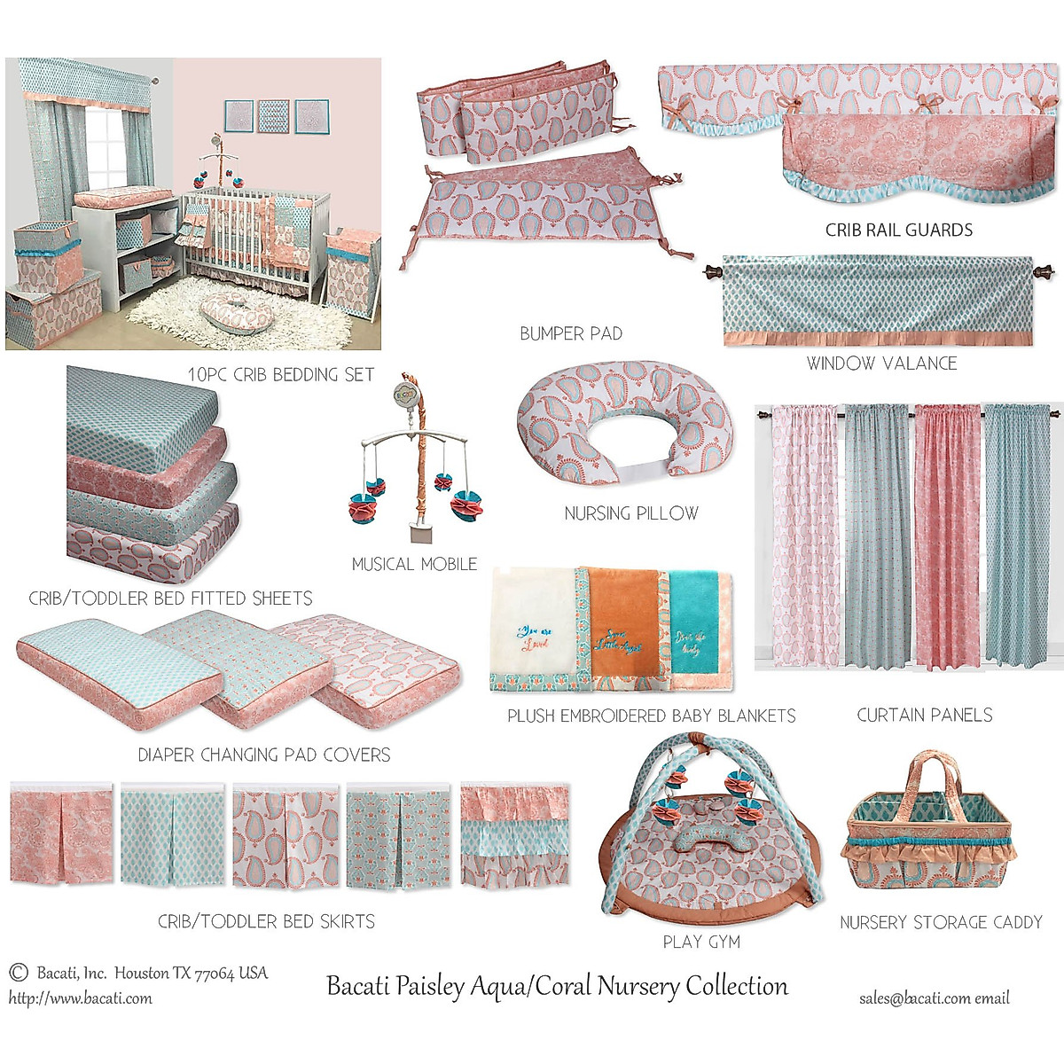 Bacati Sophia Paisley Fabric Memory/Memo Photo Bulletin Board, Coral/Aqua