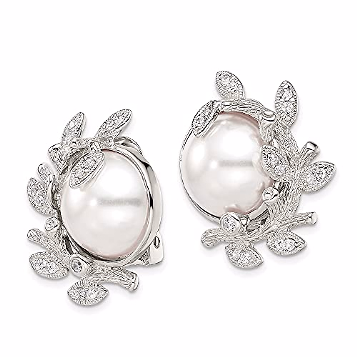 925 Sterling Silver Simulated Pearl Cubic Zirconia CZ Leaf Non Pierced Clip On Earrings