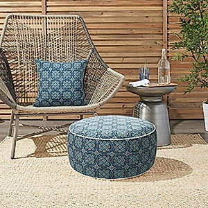 MAGPIE FABRICS Indoor/Outdoor Inflatable Stool Ottoman Pouf, Water Repellent Round Footrest Footstool with Foot Pump D20 xH9, Portable for Patio Garden Travel Camping or Home, Morgan Medal Blue