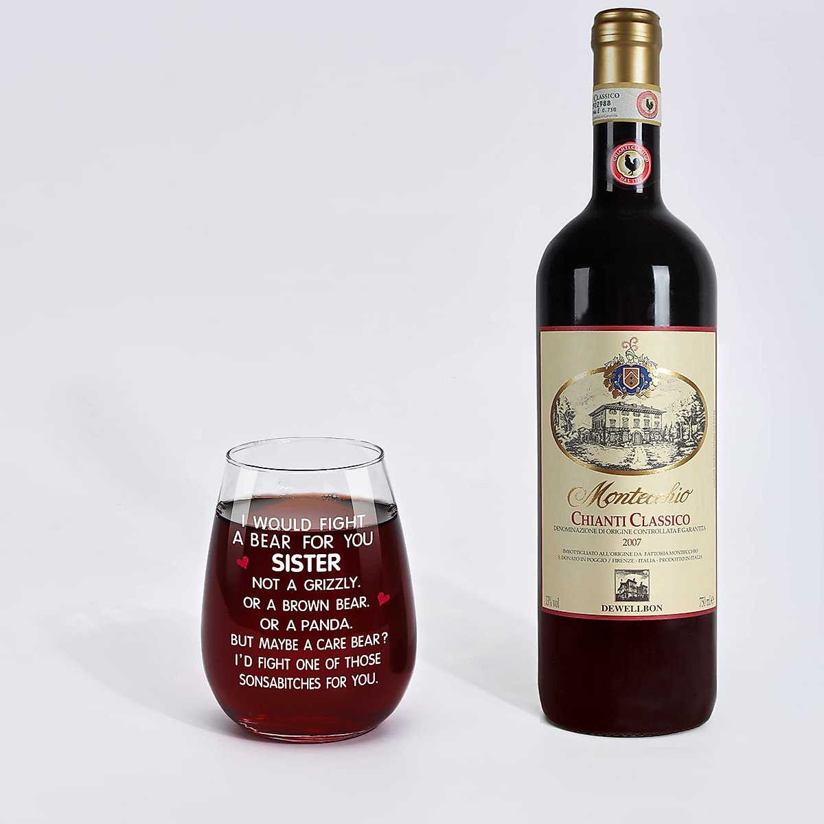 DAZLUTE Funny Sister Gift, I Would Fight A Bear for You Stemless Wine Glass, Sisters Gifts From Sisters, Birthday Christmas Galentines day Gifts for Sister Soul Sister Sister in Law Big Sister, 15Oz