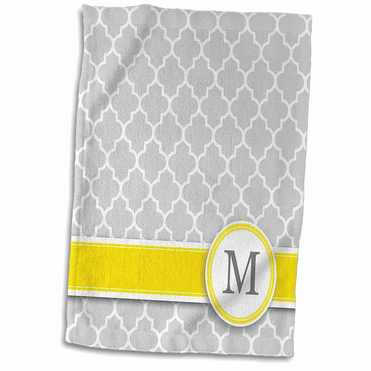 3D Rose Name Initial Letter M-Monogrammed Grey Quatrefoil Pattern-Personalized Yellow Gray Towel, 15" x 22", Multicolor
