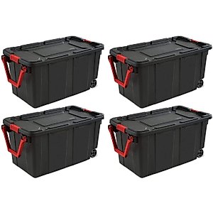 Sterilite 14699002 40 Gallon/151 Liter Wheeled Industrial Tote, Black Lid & Base w/Racer Red Handle & Latches, 4 Pack(40 Gallon)