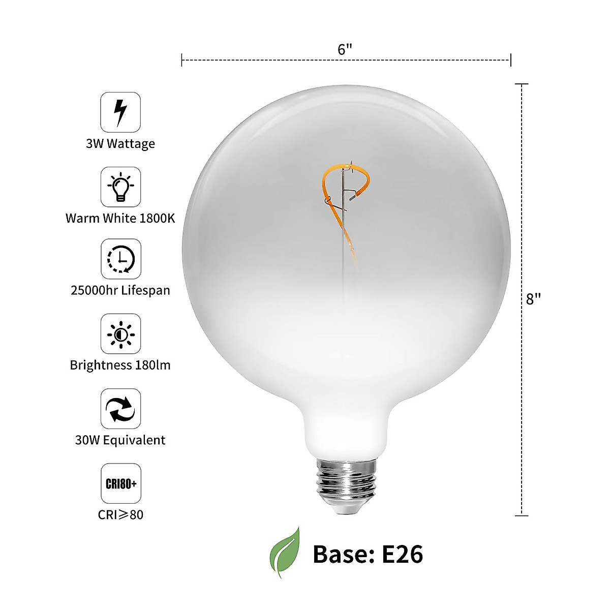 ONEWISH G150 Globe LED Bulb - Gradient Black Clear Glass Decorative Design, E26 LED Filament Bulb, Warm Lighting for Livingroom Kitchen Island, Café, Ceiling Hanging Light Fixture φ150mm(6")
