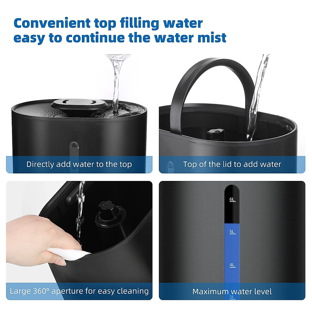 6L Humidifiers for Bedroom Large Room Home, Cool and Warm Humidifiers for Baby and Plants Mist Top Fill Desk Humidifiers Essential Oil Diffuser, Quiet Humidifiers with Adjustable Mist,360°Nozzle-Midnight Black