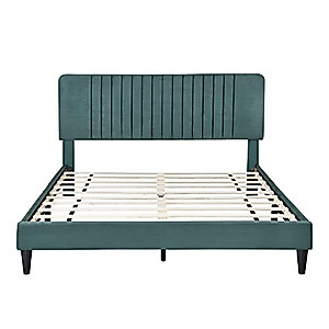 OPTOUGH Queen Upholstered Platform Bed with Headboard, Velvet Queen Size Bed Frame with Wooden Slats/Noise-Free/No Box Spring Needed, Green