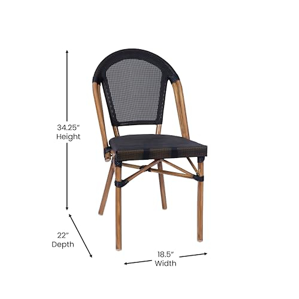 Flash Furniture Marseille 2 Pack Indoor/Outdoor Commercial Bistro Stack Chairs - Black Textilene Back and Seat - Natural Bamboo Print Aluminum Frame