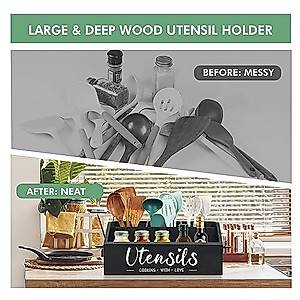 Utensil Holder for Kitchen Counter, Large Kitchen Utensil Holder with Handles, Farmhouse Cooking Utensil Organizer for Flatware, Utensil Caddy with 4 Compartments, Black Kitchen Tools Storage