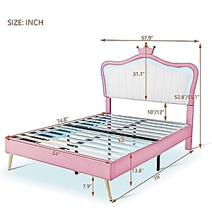 TURRIDU Full Size Bed Frame, PU Leather Upholstered Platform Bed with LED Lights and Crown Headboard, Luxury Upholstered Bed for Boys Girls, White+Pink