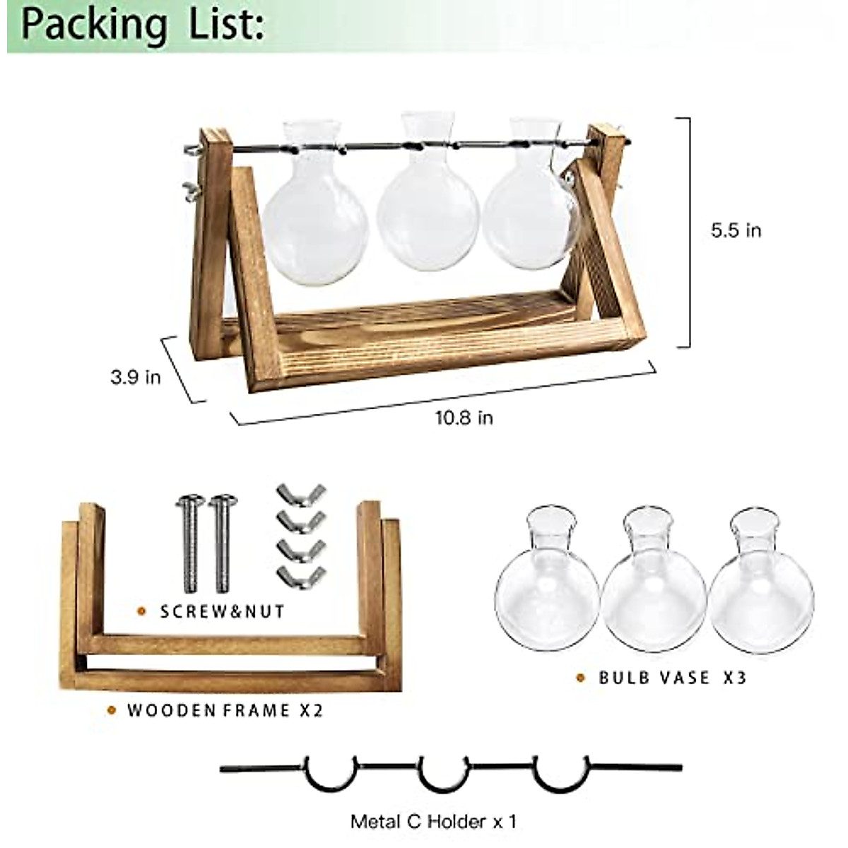 Ivolador Desktop Propagation Station, Bulb Plant Terrarium with Retro Solid Wooden Stand and Metal Swivel Holder for Hydroponics Plants Home Garden Wedding Decor (3 Bulb-C Type)