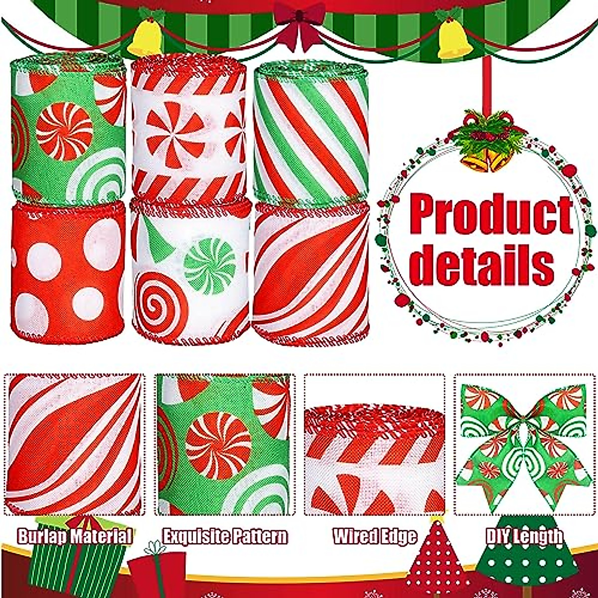 peony man Christmas Wired Edge Ribbon Candy Burlap Ribbon 2.5 Inch Red Green Xmas Crafts Ribbons for Christmas Bow Wreath Gift Wrapping DIY Crafts, 30 Yards