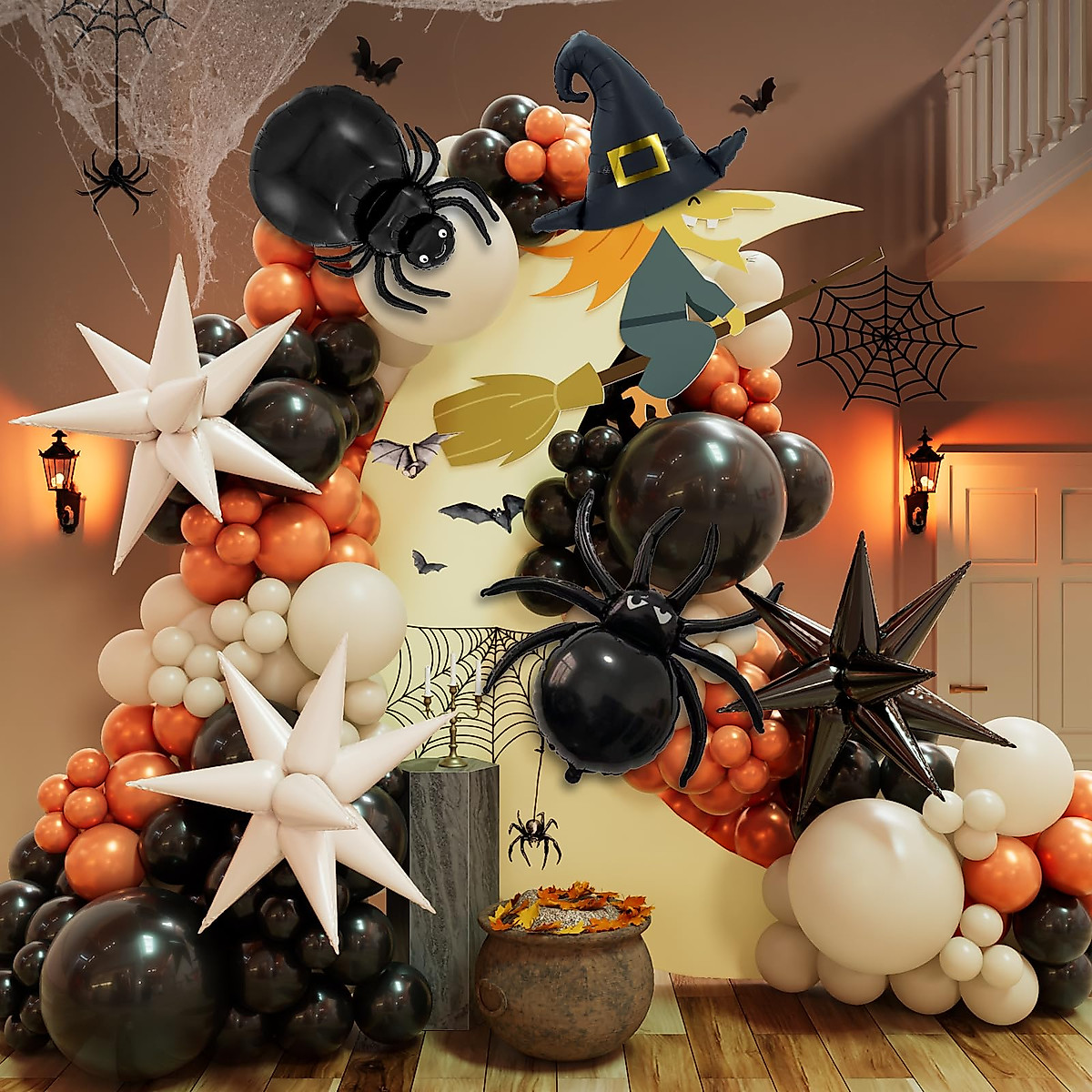 Halloween Balloon Garland Arch Kit with Spider Witch Hat Shaped Black and Milk White Exploding Star Foil Balloon Black Orange Sand White Balloons for Halloween Birthday Party Decorations