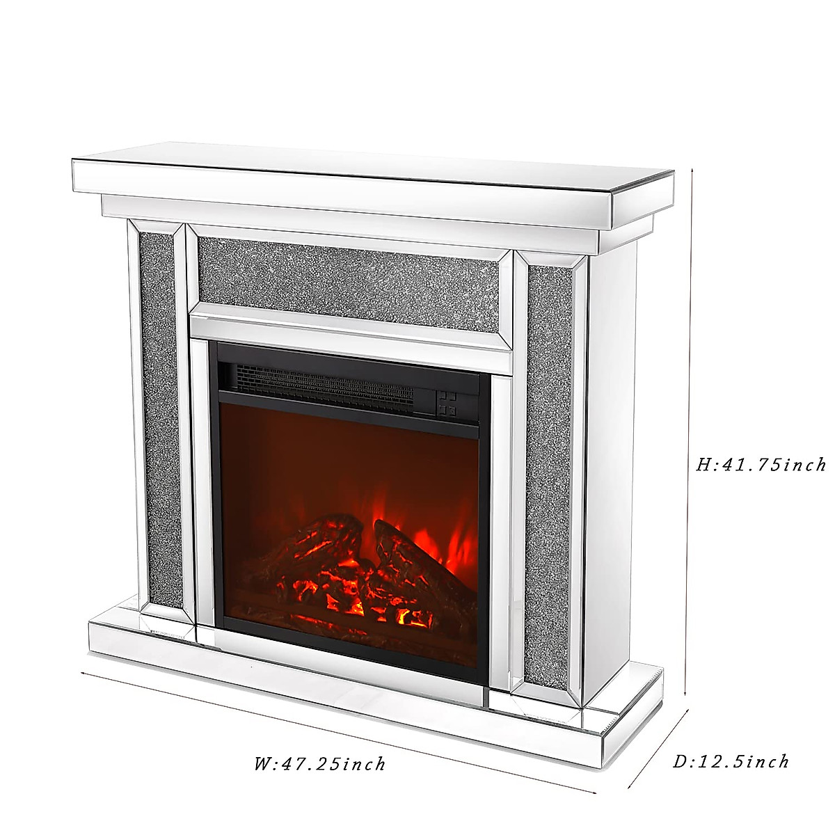 Luxury Diamond Mirrored Electric Fireplace TV Stand Freestanding Fireplace with Remote Control, Electric Fireplace with Mantel, Entertainment Center with FIreplace for Living Room, Office, Silver