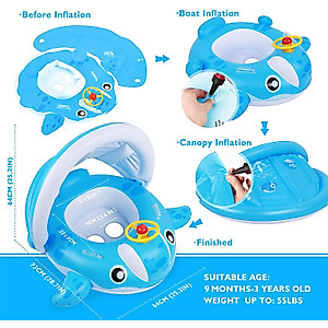 Peradix Baby Swimming Pool Float Boat, Inflatable Baby Swimming Ring with Removable Sun Protection Canopy, Whale Toddler Floaties Water Toys for Infant