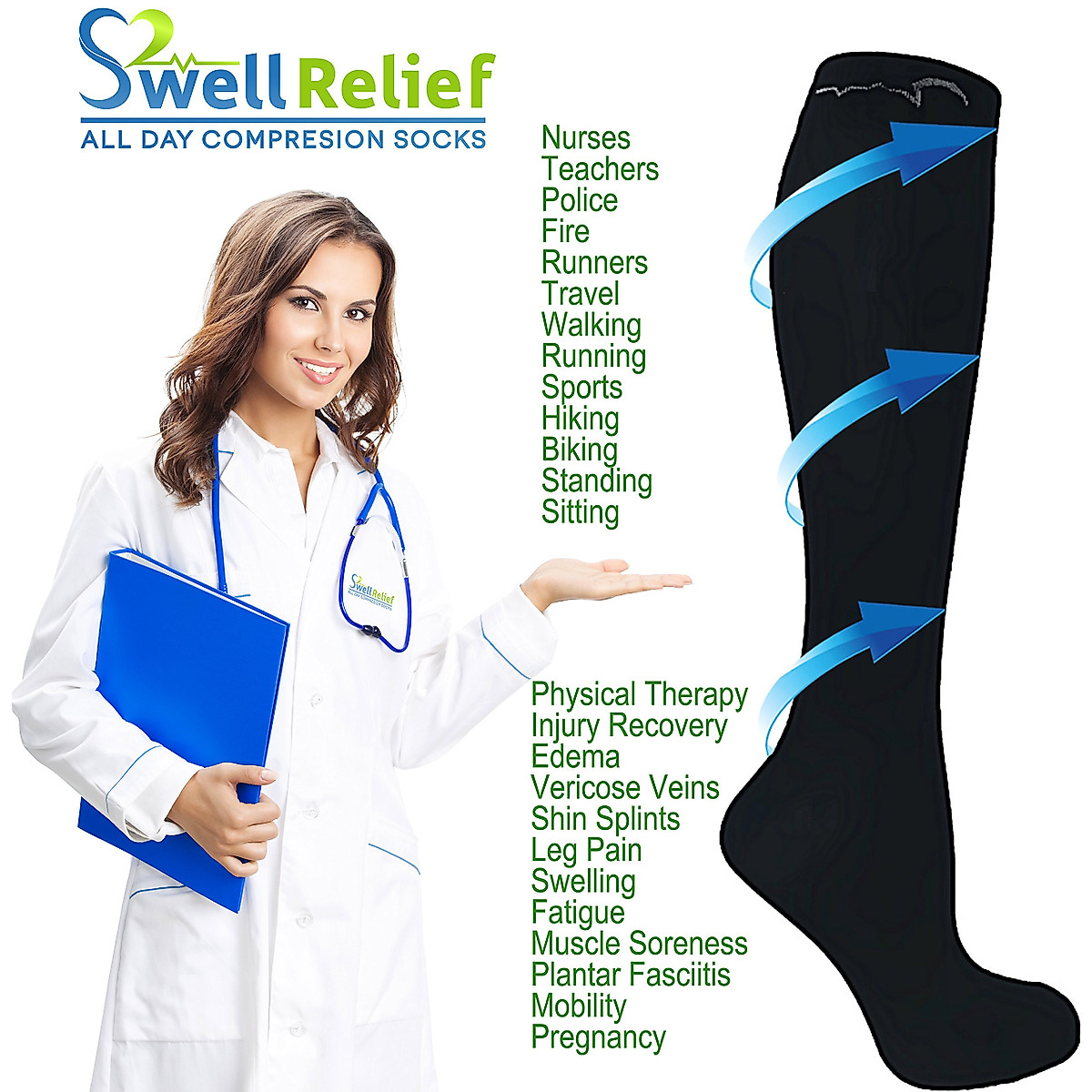 3 Pair Navy Blue Small/Medium Ladies Compression Socks, Moderate/Medium Compression 15-20 mmHg. Therapeutic, Occupational, Travel & Flight Knee-High Socks.