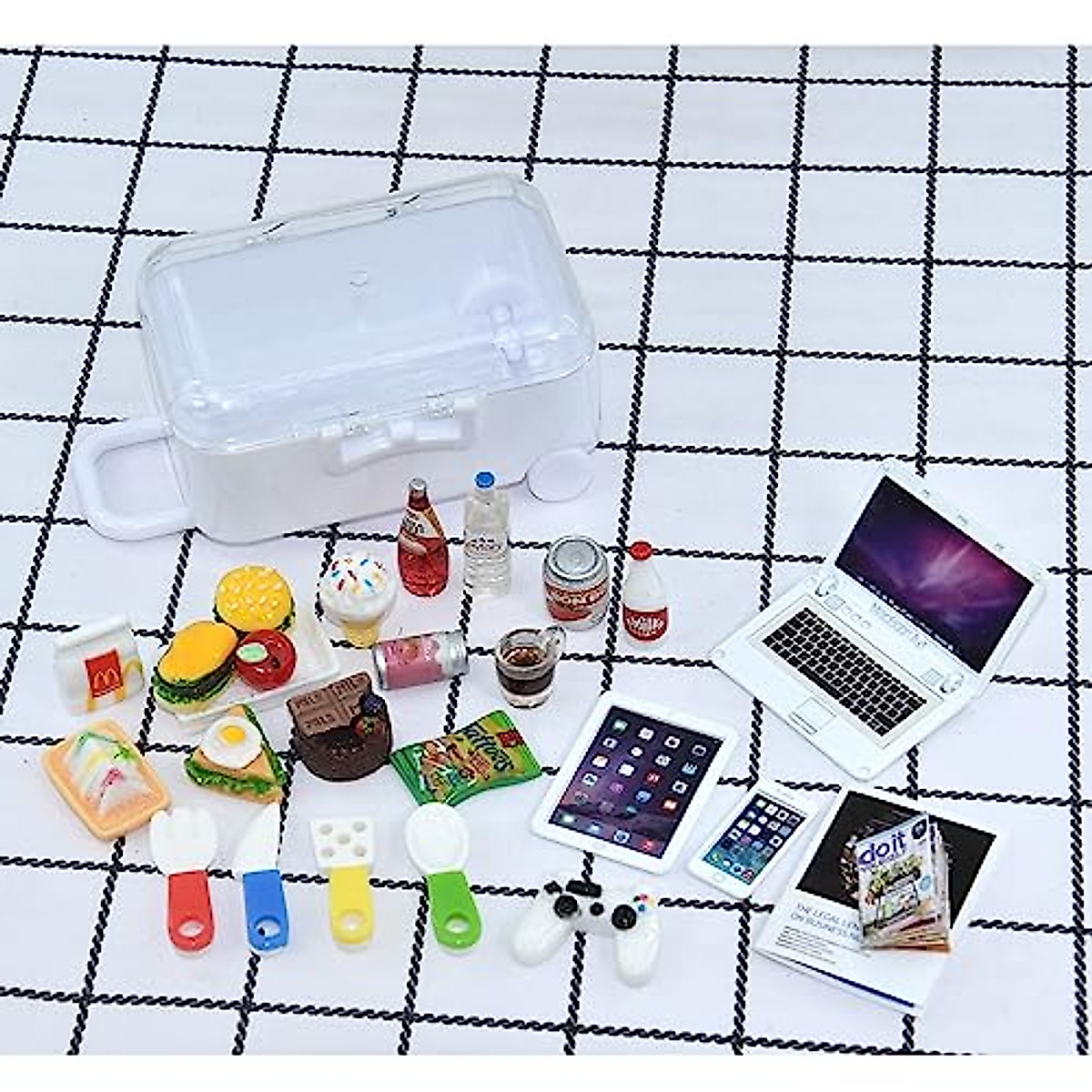 27 Pieces Dollhouse Mini Laptop Tablet and Smart Phone Newspaper Book Miniatures Hamburger Cake Coffee Juice Trolley case DIY Play Game Party Toys Accessories (White Set)