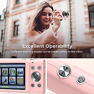 Digital Camera Auto Focus 2.7K Vlogging Camera HD 48MP 16X Digital Zoom Camera with 32G Memory Card 2 Batteries & Charger YouTube Portable Mini Compact Camera for Kids Teens Adult Beginner Pink