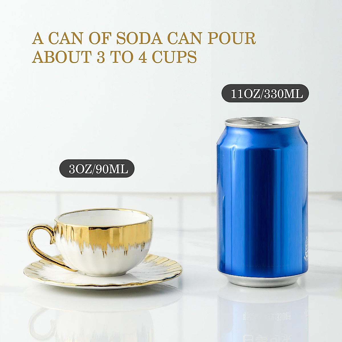 LETAOTAO Espresso Cups and Saucers, 2.5 oz Porcelain Espresso Cups Set of 6, Ceramic Coffee Cups with Gold Trim, Espresso Mugs, Mini Demitasse Cups with Handle for Single Espresso, White