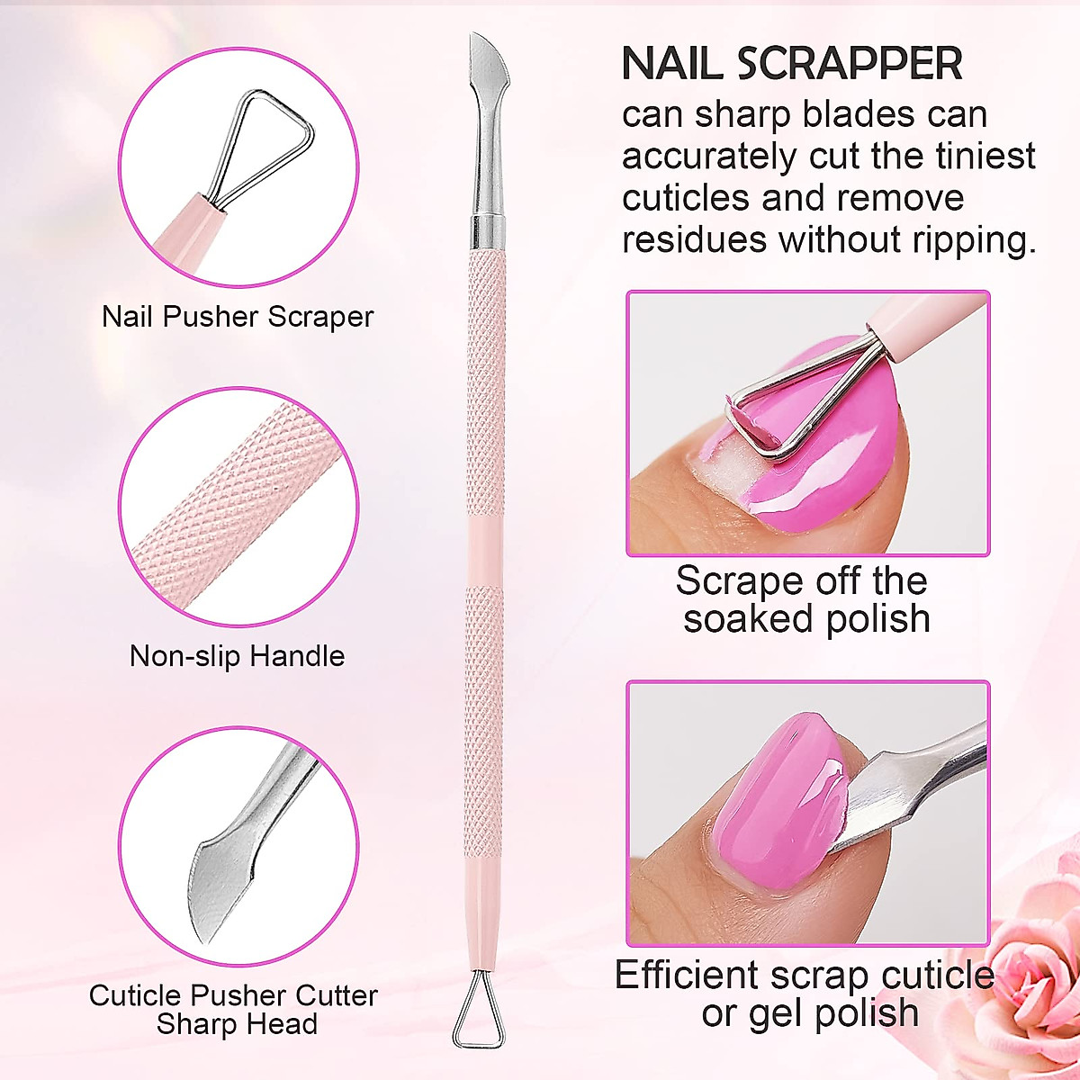 Makartt Cuticle Trimmer with Cuticle Pusher, 3 PCS Pink Nail Cuticle Nipper Professional Pedicure Manicure Tools with Stainless Steel Dual End Pusher, Nail Scraper