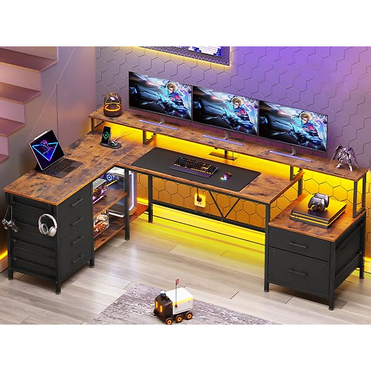 UPOSOJA L Shaped Gaming Desk with Power Outlet, 78" Reversible Corner Computer Desk with File Drawers & LED Strip, Home Office Desk with Storage Shelves Monitor Shelf CPU Stand Mouse Pad Brown