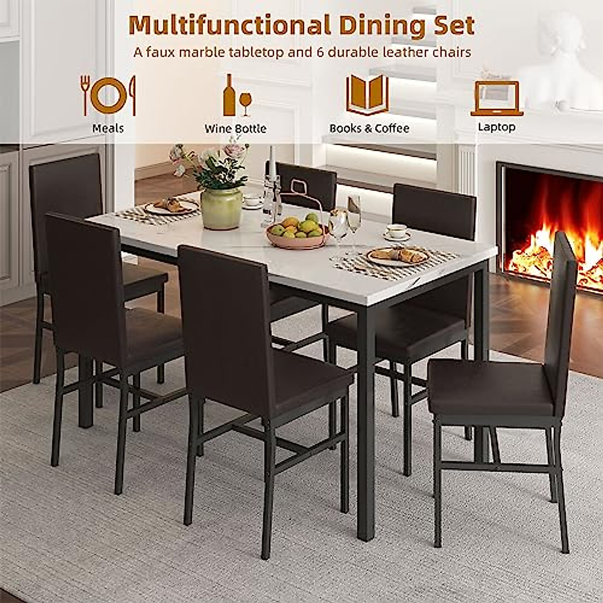 YOFE Dining Table Set for 6, Kitchen Table with 6 Chairs,Faux Marble Tabletop & 6 Leather Upholstered Chairs for Dining Room,Kitchen, Dinette, Breakfast Nook