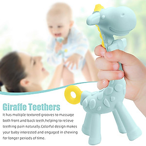 SHARE&CARE BPA Free Silicone Giraffe Baby Teether Toy with Storage Case, for 3 Months Above Infant Sore Gums Pain Relief and Baby Shower, Baby Teething Toys (Blue)