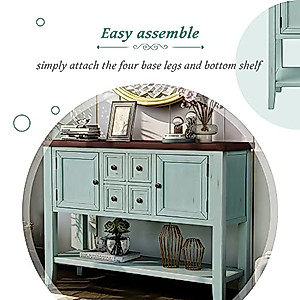 Knocbel Vintage Wood Console Table Buffet Sideboard with 4 Storage Drawers, 2 Cabinets & Bottom Shelf, Entryway Hallway Foyer Table Cupboard Coffee Bar Cabinet, 46" L x 15" W x 34" H (Antique Blue)