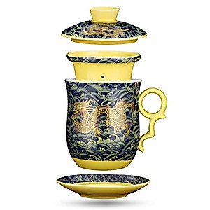 YURROAD Chinese Dragon Pattern Tea-Mug with Strainer Infuser and Lid and Saucer Ceramic Tea Mug Convenient System Chinese Porcelain Personal Tea Cup 13.5oz(400ml) - DARK GREEN TC400