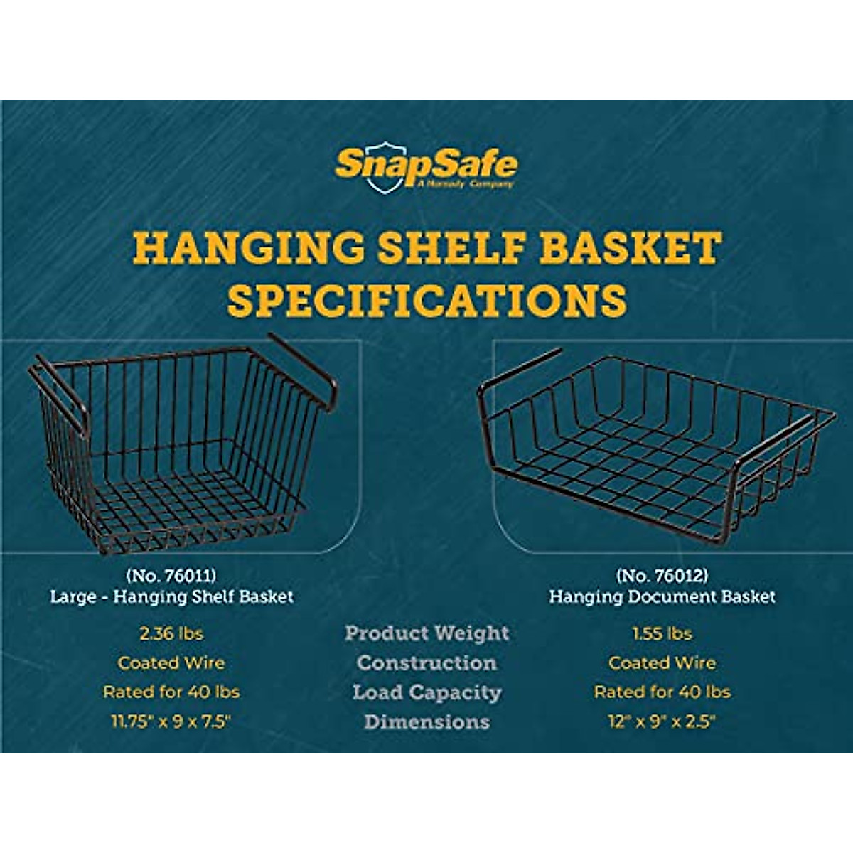 SnapSafe Hanging Shelf Large Basket, 76011 - Coated Wire Basket Maximizes Storage for Documents, Gun Accessories, & Ammo - Easy Access Under Shelf Storage for Gun Safes - Holds Up to 40 Pounds