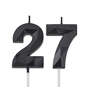 2 inch Black 27 Birthday Candles, 3D Diamond Number 27th Cake Topper for Boys Girls Birthday Party Decorations Theme Party