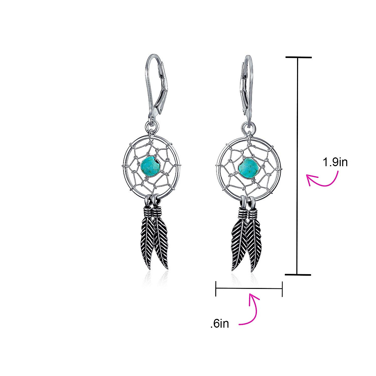 Blue Turquoise Western Jewelry Native American Indian Dream Catcher Feather Dangle Earrings For Women Teen .925 Sterling Silver