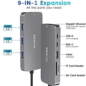 MOKiN USB C Adapters for MacBook Pro/Air,Mac Dongle with 3 USB Port,USB C to HDMI, USB C to RJ45 Ethernet, 9 in 1 USB C to HDMI Adapter,100W Pd Charging, USB C to SD/TF Card Reader USB C Hub. (Black)