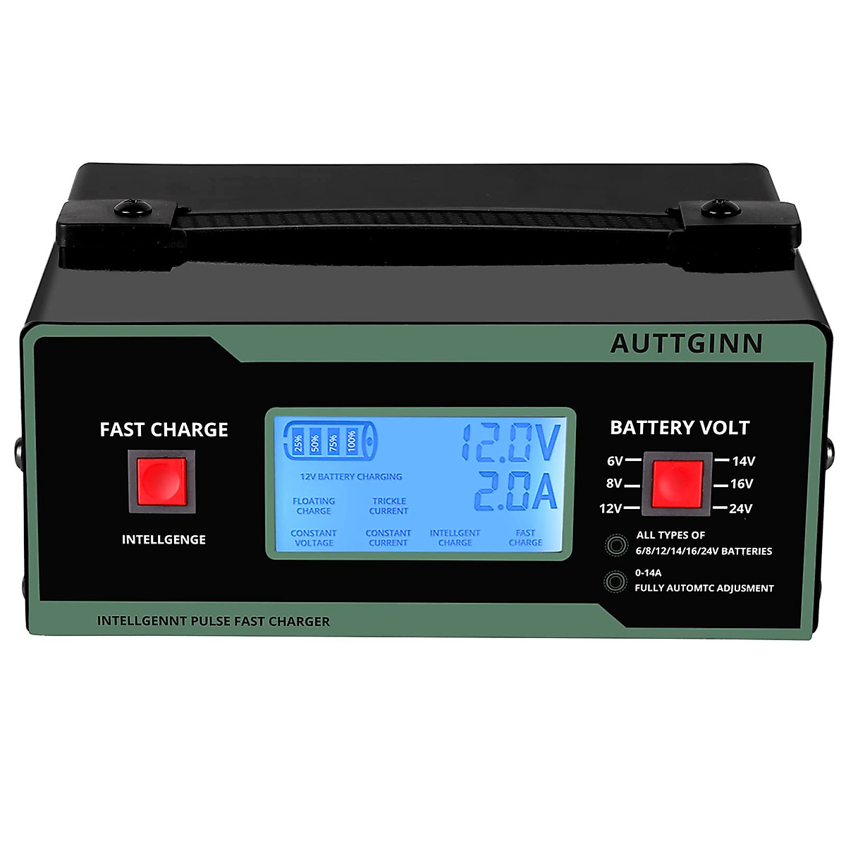 AUTTGINN AUTTGINN 8 Volt Battery Charger 0-10A Smart Adjustable Golf Cart Battery Charger and Maintainer with Cable Clamps and Handle,Smart Trickle Charger for Automotive,RV,Golf cart,6/8/12/16/24V