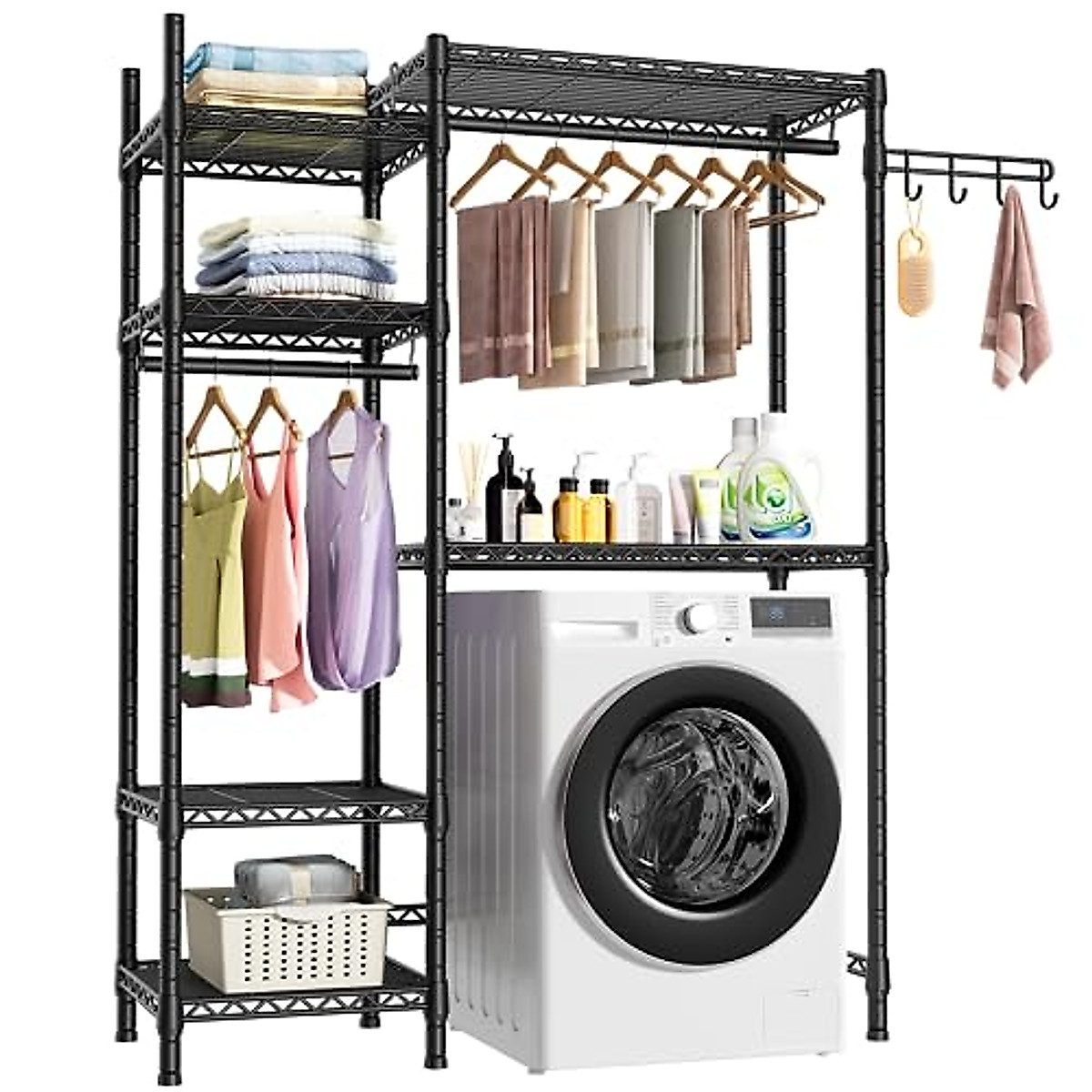 Ulif U7 Over The Washer and Dryer Storage, Laundry Room Heavy-Duty Space Saver with 6 Shelves and 2 Hanger Rods, Laundry Clothes Drying Rack and Toiletries Organizer, 47.2”W x 13.4”D x 77.4”H, Black