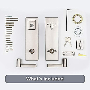 Baldwin Spyglass Single Cylinder Front Door Handleset Featuring SmartKey Security in Satin Nickel, Prestige Series with a Modern Contemporary Slim Door Handleset and Square Lever