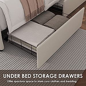 Queen Bed Frame with 4 Storage Drawers and Adjustable Headboard, Upholstered Platform Bed with Button Tufted Design, Strong Wooden Slats Support, No Box Spring Needed, Fabric, Cream