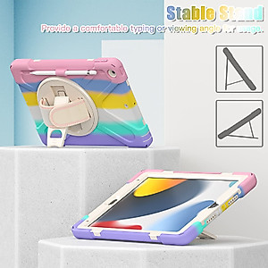 TSQQST iPad 9th 8th 7th Generation Case for Kids Girls 2021 2020 2019 | iPad Case 10.2 Inch Pink Colorful Cute w/Pencil Holder Screen Protector Stand Hand Shoulder Strap for iPad 9th/8th/7th Gen