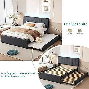 YOPTO Full Size Upholstered Platform Bed with Twin Size Trundle & USB Port,Linen Tufted Bed Frame W/Remote Control LED Light & Stripe Headboard,Wood Slats Support for Bedroom,Apartment,Dark Gray