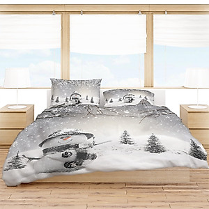 Debedcor Grey Snowman Christmas Bedding Cal. King Comforter Covers Sets, Gray Winter Snowflake Branch 4 Piece Duvet Cover Set Lightweight Microfiber Soft Bedding Set for Adult Teen, Xmas Forest Snow