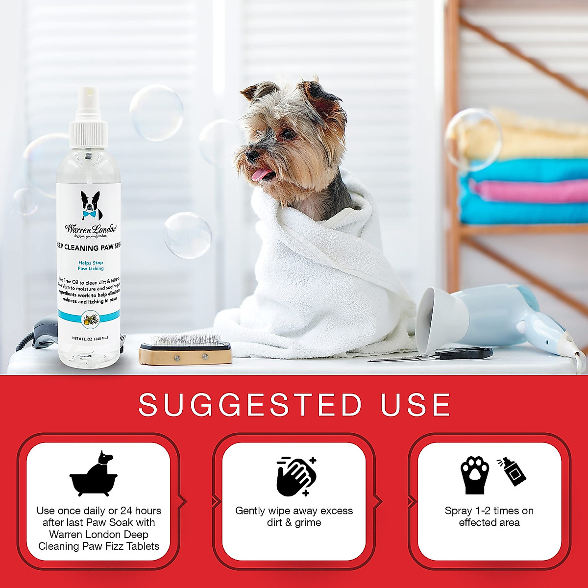 Warren London Deep Cleaning Paw Soak | Soothing Itchy Paw Relief for Dogs with Seaweed, Tea Tree Oil, & Aloe Vera | Anti Licking for Dogs Paws | 5 Minute Paw Spa Service at Home | Tablets & Spray